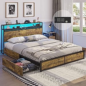 ADORNEVE LED Bed Frame Full Size with Charging Outlets and 2-Tier Storage Headboard, Metal Platform Bed with Storage Drawers and 2 LED Lights,No Box Spring Needed,Vintage Brown