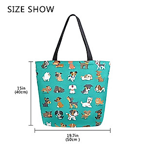 ALAZA Cute Doodle Dog Prints Animal Large Canvas Tote Bag Shopping Shoulder Handbag with Small Zippered Pocket