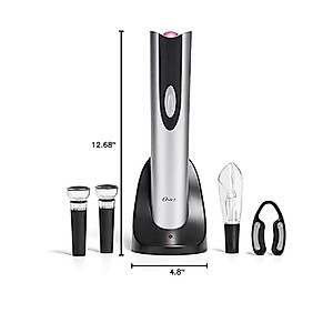 Oster Electric Wine Opener, Foil Cutter, Wine Pourer and Vacuum Wine Stoppers with CorkScrew and Charging Base, Black