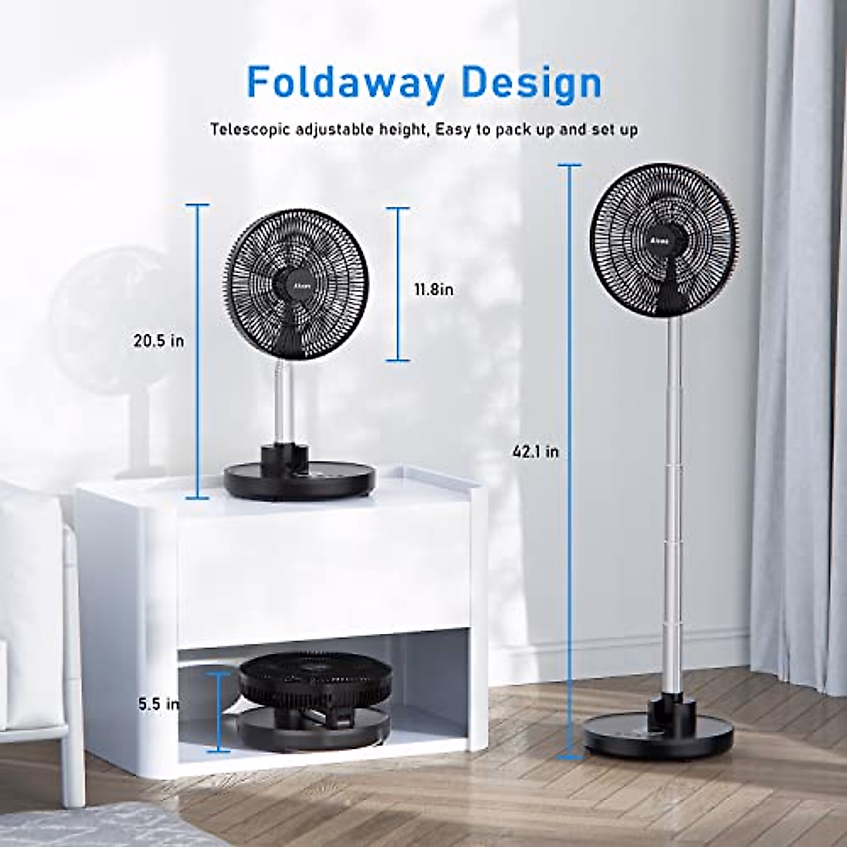 Aluan 12" Quiet Oscillating Fan with 12000mAh Rechargeable Battery, Foldaway Standing Fan/Table Fan with Remote Control, 6 Speeds Portable Pedestal Fan with Adjustable Height for Home Bedroom Travel