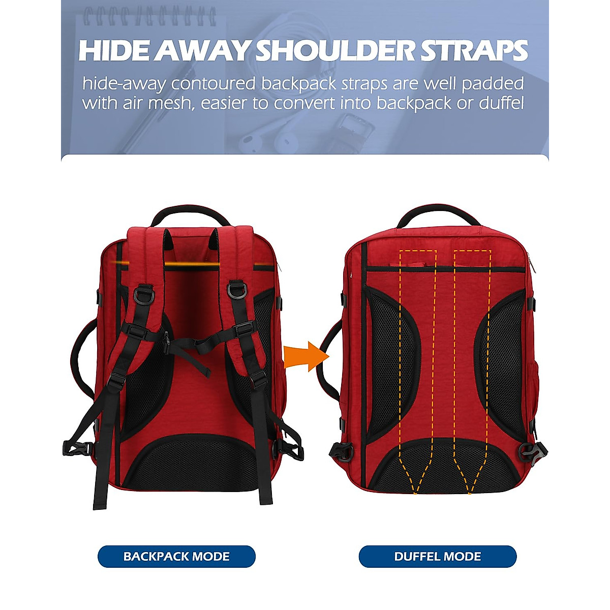 Hynes Eagle 44L Carry on Backpack Airline Approved Travel Backpack for Men Women Large Laptop Backpack 17 inch Nylon Backpack Overnight Weekender Bag Red