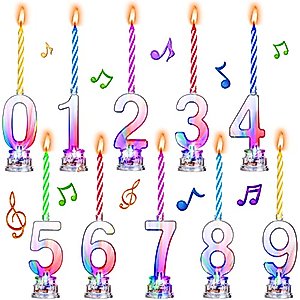 10 Pieces Musical Birthday Candle LED Birthday Number Candle Set Multicolor Flashing Cake Candles with Music Sound and 20 Pieces Wax Candles for Birthday Decoration