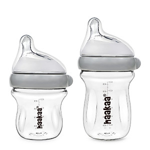 haakaa Gen.3 Natural Glass Baby Bottle Set 4oz & 6oz - Wide Neck Anti-Colic Slow Varibale Flow Nipple, 0M+ 3M+ 6M+ Breastfed Babies