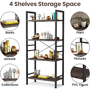 DKLGG 4-Tier Storage Shelves, Bookshelf, Wood Bookcase with Metal Frames and Standing Shelving Unit, Industrial Design Open Standing Organizer for Living Room, Bathroom, Balcony, Office, Rustic Brown