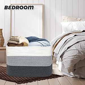 ArcaGuru Cotton Rope Basket, Rectangle Woven Baskets for Storage, Blanket Basket Living Room, Storage Basket with Handles for Book, Clothes for Organizing, 18.1”x14.2”x11.8”, Gradient Gray