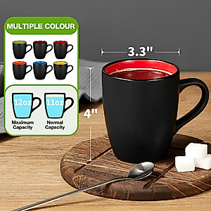 Qipecedm 6 Pack Porcelain Coffee Mugs Set, 12 Ounces Ceramic Coffee Mugs, Matte Black Coffee Mug, Restaurant Coffee Cups for Coffee, Tea, Cappuccino, Cocoa, Cereal, Black outside and Colorful inside