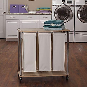 Household Essentials 7050-1 3 Bag Cart | Light Brown Triple Laundry Sorter with Folding Table, Walnut