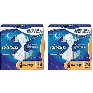 Always Infinity Feminine Pads for Women, Size 4 Overnight Absorbency, with Flexfoam, with Wings, Unscented, 13 Count x 12 Packs (156 Count Total)