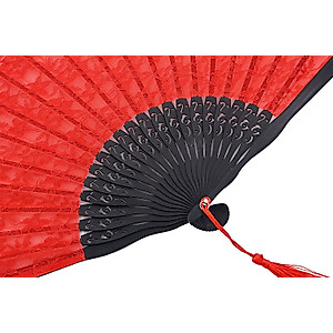 Womens Multi Color Handmade Cotton Lace Folding Hand Fan (Black-A) (Red)