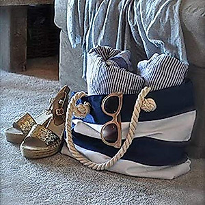 Muka Women Striped Canvas Tote Shoulder Beach Bag with Inner Zipper Pocket and Rope Handle for Travel, Shopping-Red/White