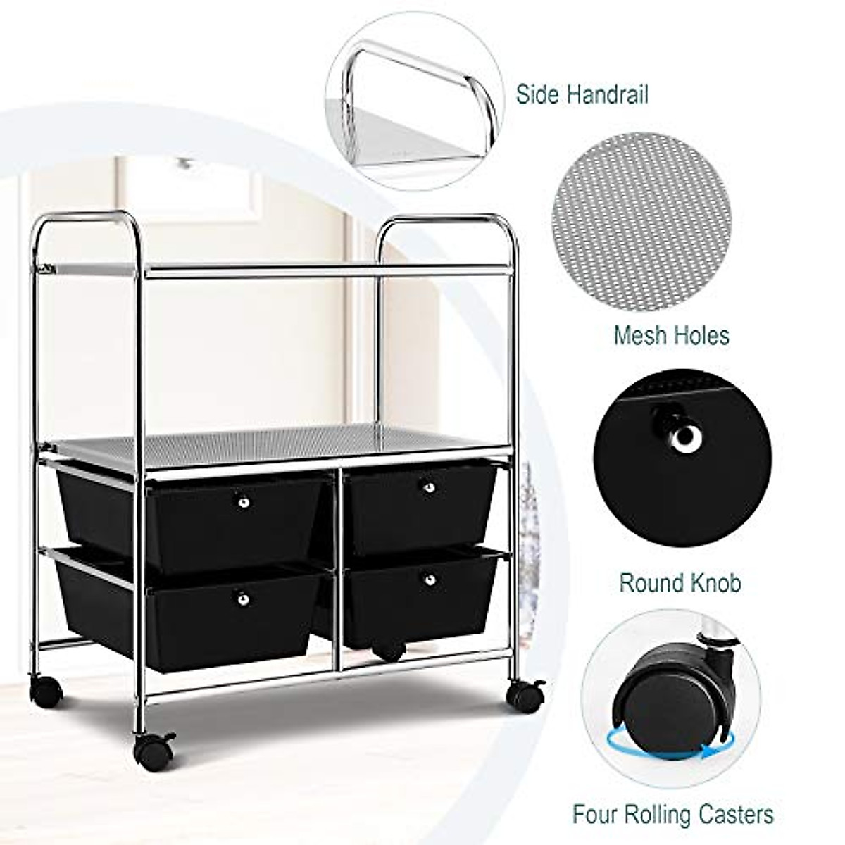 RELAX4LIFE Storage Cart W/Four Drawers, Wheels and Two Shelves, Stable Steel Frame Craft Cart for Office,Home, Make Up Storage and Files Arrangement Storage Cart Organizer (Black)