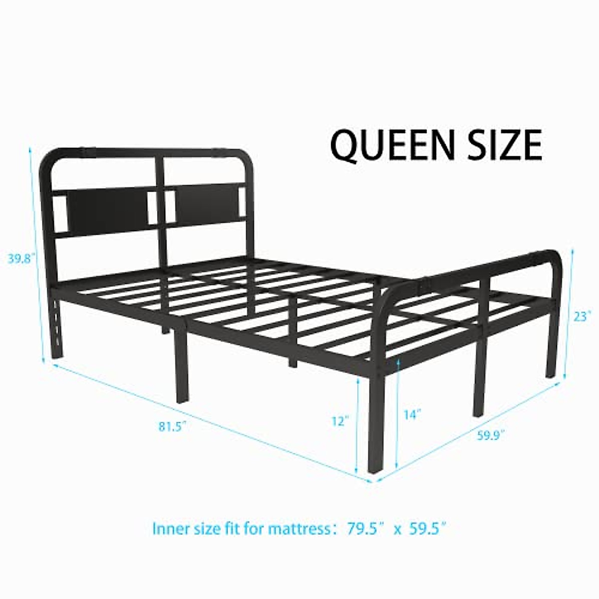 Emiosmt 14 Inch Queen Size Metal Bed Frame with Headboard and Footboard,2500lbs Heavy Duty Steel Slat Support Platform,No Box Spring Needed,Easy Assembly,Square Tube,Queen Frame