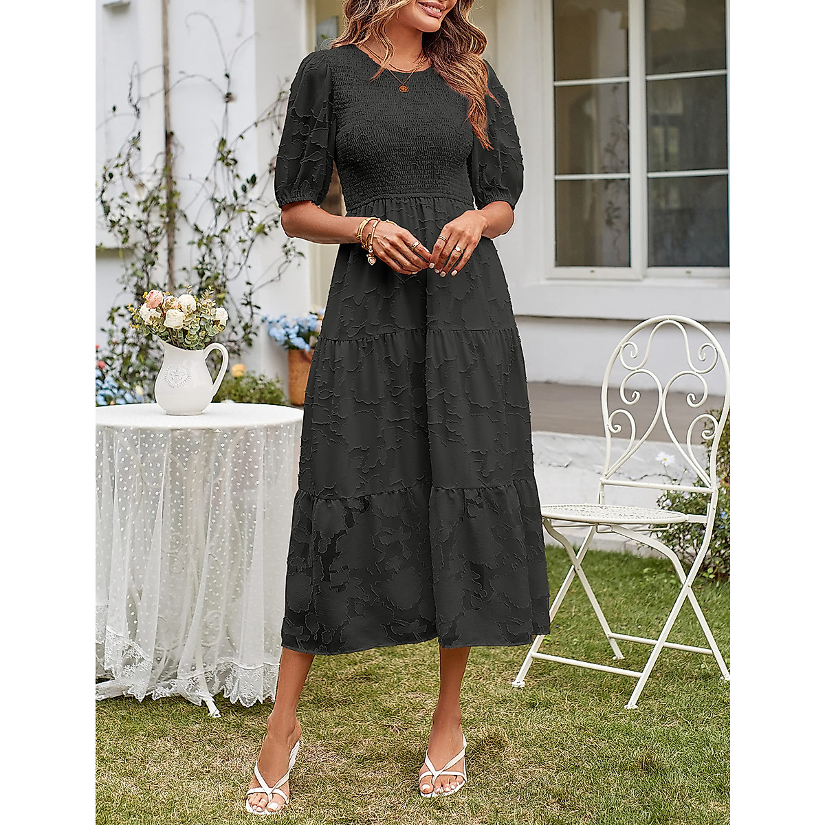 MEROKEETY Women's 2025 Summer Puff Sleeve Smocked Floral Dress Crewneck Lace Flowy Tiered Midi Dresses,Black,M