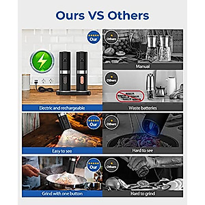 Electric Salt and Pepper Grinder Set, COSYAIREY 𝟮𝟬𝟮𝟯 𝙉𝙚𝙬 Rechargeable Salt and Pepper Mill with Charging Base, White LED Light, One Hand Automatic Operation, Adjustable Coarseness, Black, 2Pack