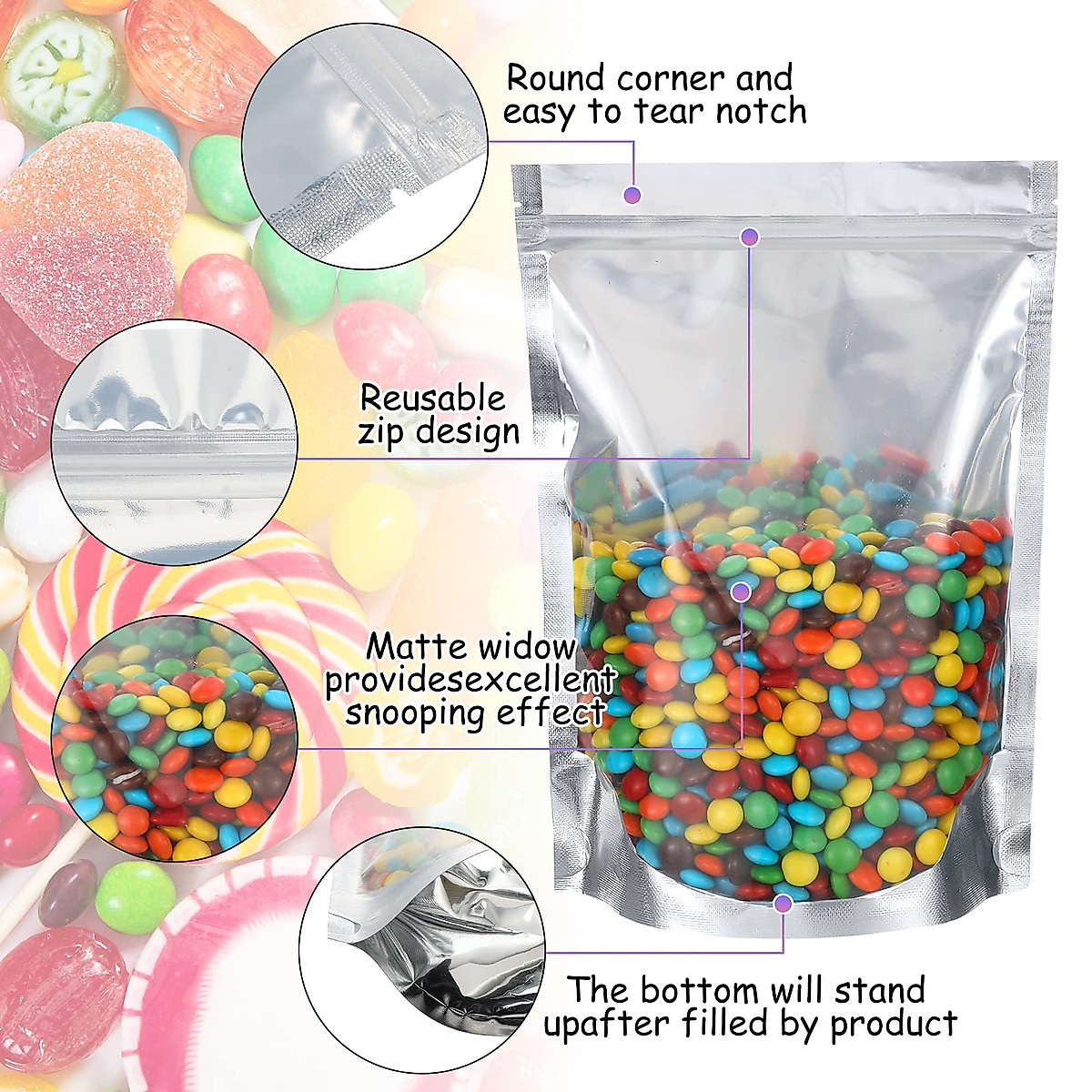 Ctosree 200 Pcs Stand Up Pouch Bags, Sealable Heavy Duty Clear Front with Aluminum Foil Back, Plastic Zipper Food Coffee Candy Storage, Reclosable Bags and Heat Sealable Food Storage (3.5" x 6")