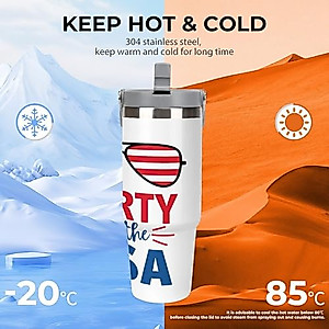 Party in The USA Sunglasses Patriotic 30 OZ Insulated Tumblers with Handle And Straw Leakproof Vacuum Insulated Stainless Steel Water Bottle for Car Fishing Travel