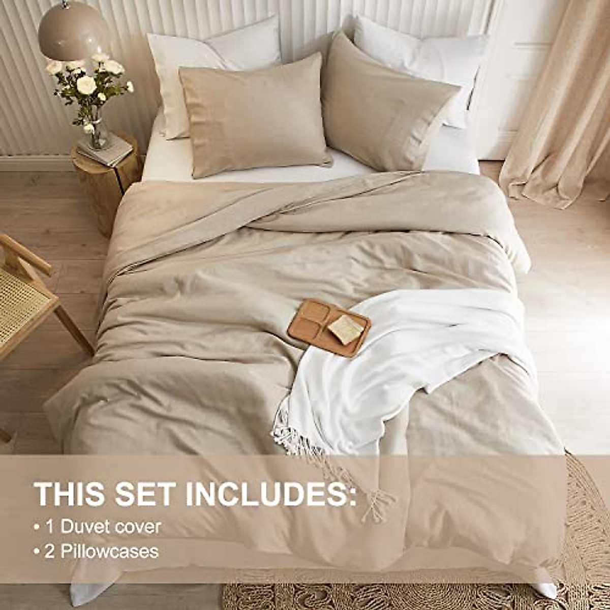 HYBD Linen Duvet Cover Queen Size-Natural Flax Linen Bedding 3 Pieces with Zipper Closure, Durable and Breathable Linen Duvet Cover Set 1 Duvet Cover +2 Pillowcases (Queen, Linen)