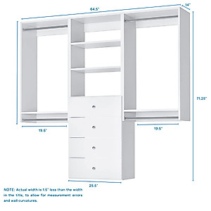 Closet Kit with Hanging Rods, Shelves & Drawers - Corner Closet System - Closet Shelves - Closet Organizers and Storage Shelves (White, 66 inches Wide) Closet Shelving