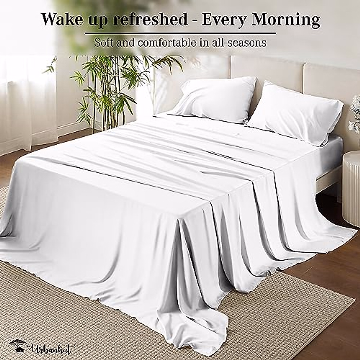 URBANHUT 400 TC Egyptian Cotton Sheets King Size, Sateen Weave Luxury Bedsheets for King Size Bed, 4 pc Bed Sheets Set, Cooling Sheets, with 16" Elasticized Deep Pockets, Hotel Sheets - White