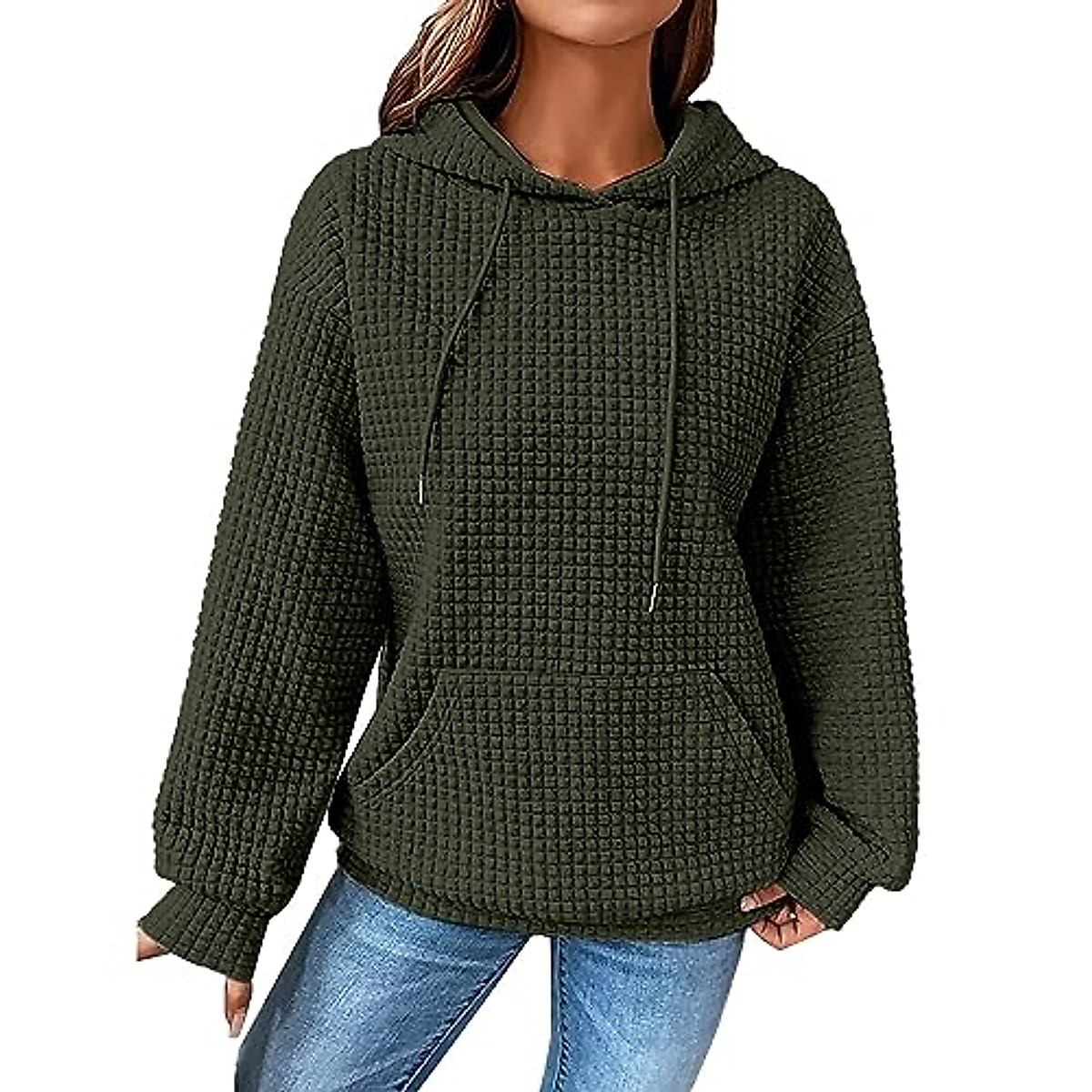 LAGKQS Waffle Hoodie Women Solid Color Casual Drawstring Pullover Sweatshirts Basic Sweatshirt with Pockets Fall Hooded 2023 Loose Fashion Blouse Clothes Comfy Crop Top Plus Size Outfits Green