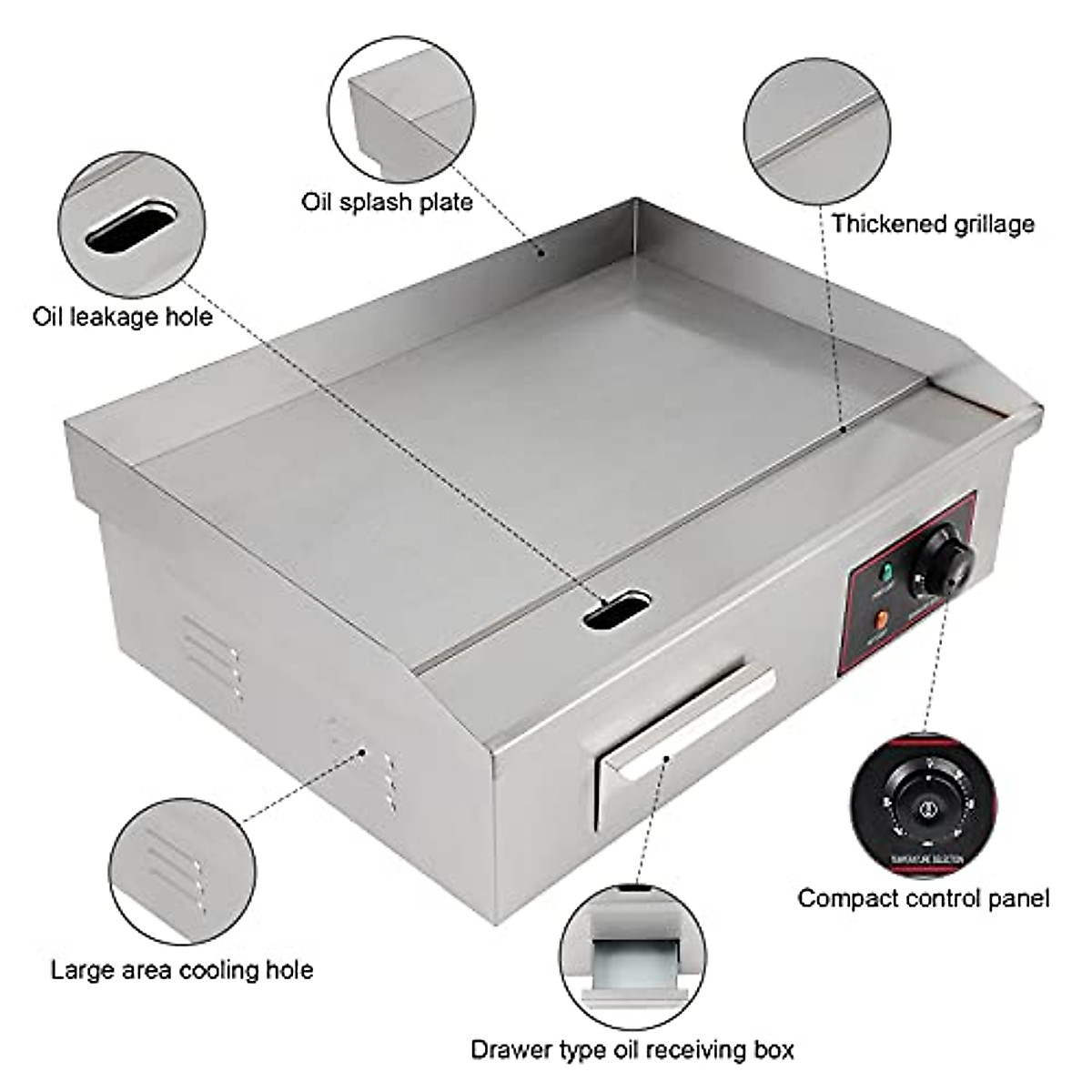 Electric Countertop Flat Top Griddle 3000W 22In Non-Stick Food grade Stainless Steel Commercial Kitchen with Adjustable Temperature Control 122-572℉