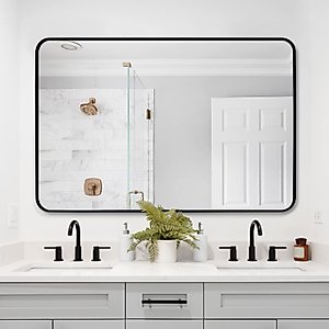 QEQRUG Bathroom Vanity Wall Mirror 40x30 Inch, Black Frame Rectangular Wall Mounted Mirror with Rounded Corner(Horizontal/Vertical), Large Modern Black Metal Framed Mirror