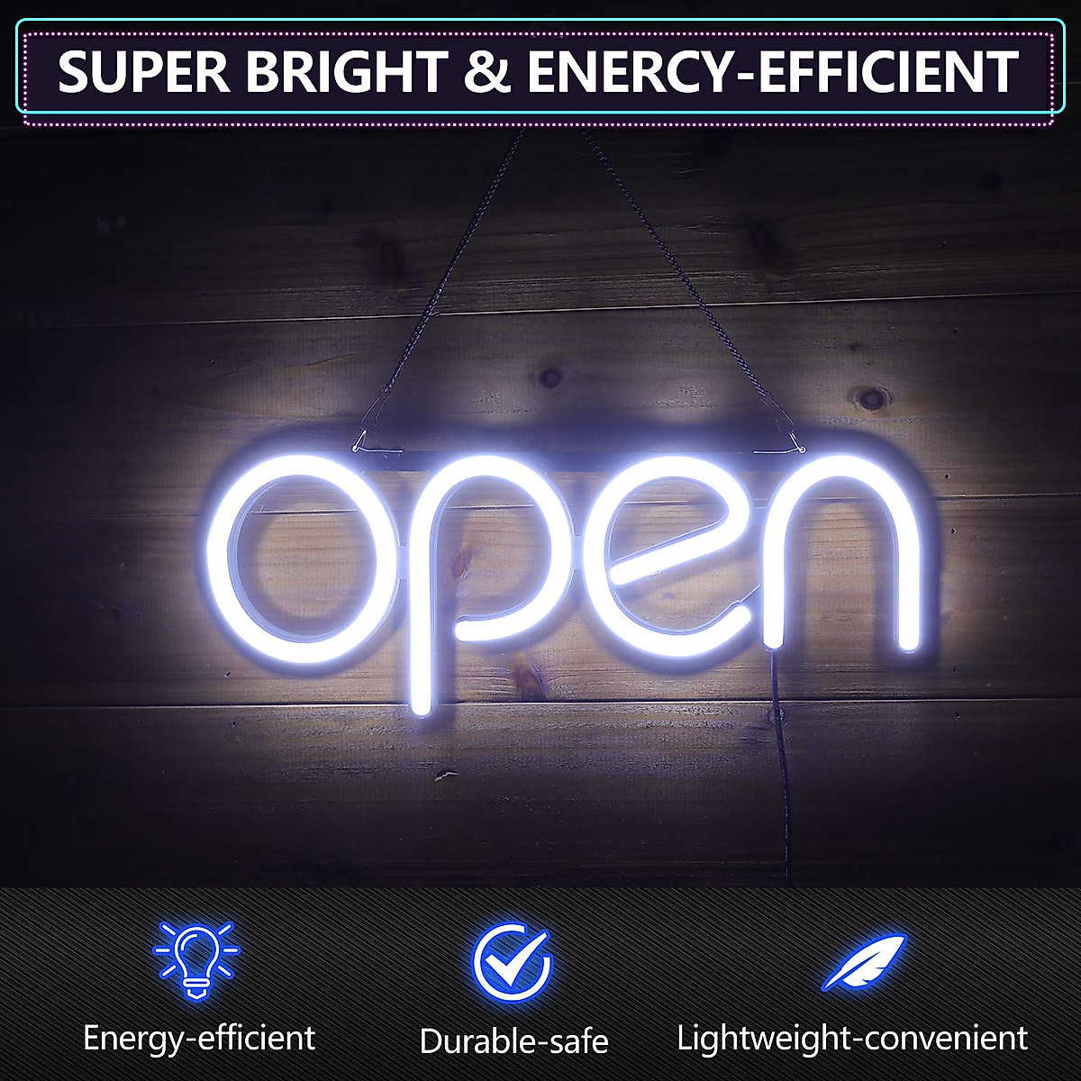 LED Open Sign,16x6 inch Open Sign for Business,With multiple flashing modes, Ideal for Restaurant, Bar, Salon and More,24V/1A Power Supply，with Open/Close Sign (white)