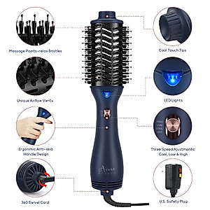 One Step Hair Dryer & Volumizing Hot Air Brush, Aima Beauty Hair Blow Dryer Brush, Ceramic Straightener Brush, Curler & Hot Comb 4 in 1 Salon Ionic Hair Brush, Prussian Blue