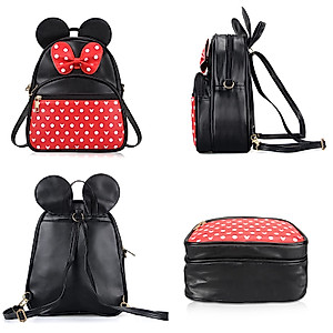 Dksyee Cute Red Backpack for Girl Bowknot Polka Dot Mini Mouse Leather Backpacks for Toddler Little Girl Backpack Kids Small Travel Backpack Convertible Shoulder Bag Purse for Women Children Daypack