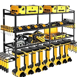 LADER Power Tool Organizer, 8 Drill Holder Wall Mounted, 4 Layer Heavy Duty Metal Tool Shelf, Garage Tool Organizer and Tool Storage Rack with Screwdriver Holder/Plier Holder/Hammer Holder
