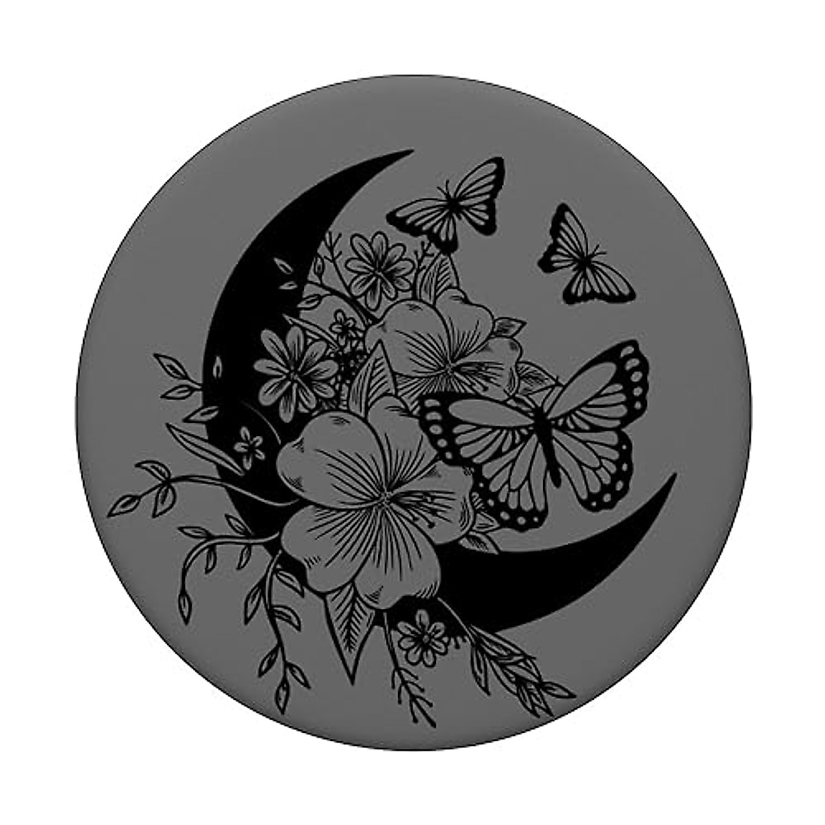 Mid Grey Gray Black Butterfly Crescent Moon Flower PopSockets Standard PopGrip