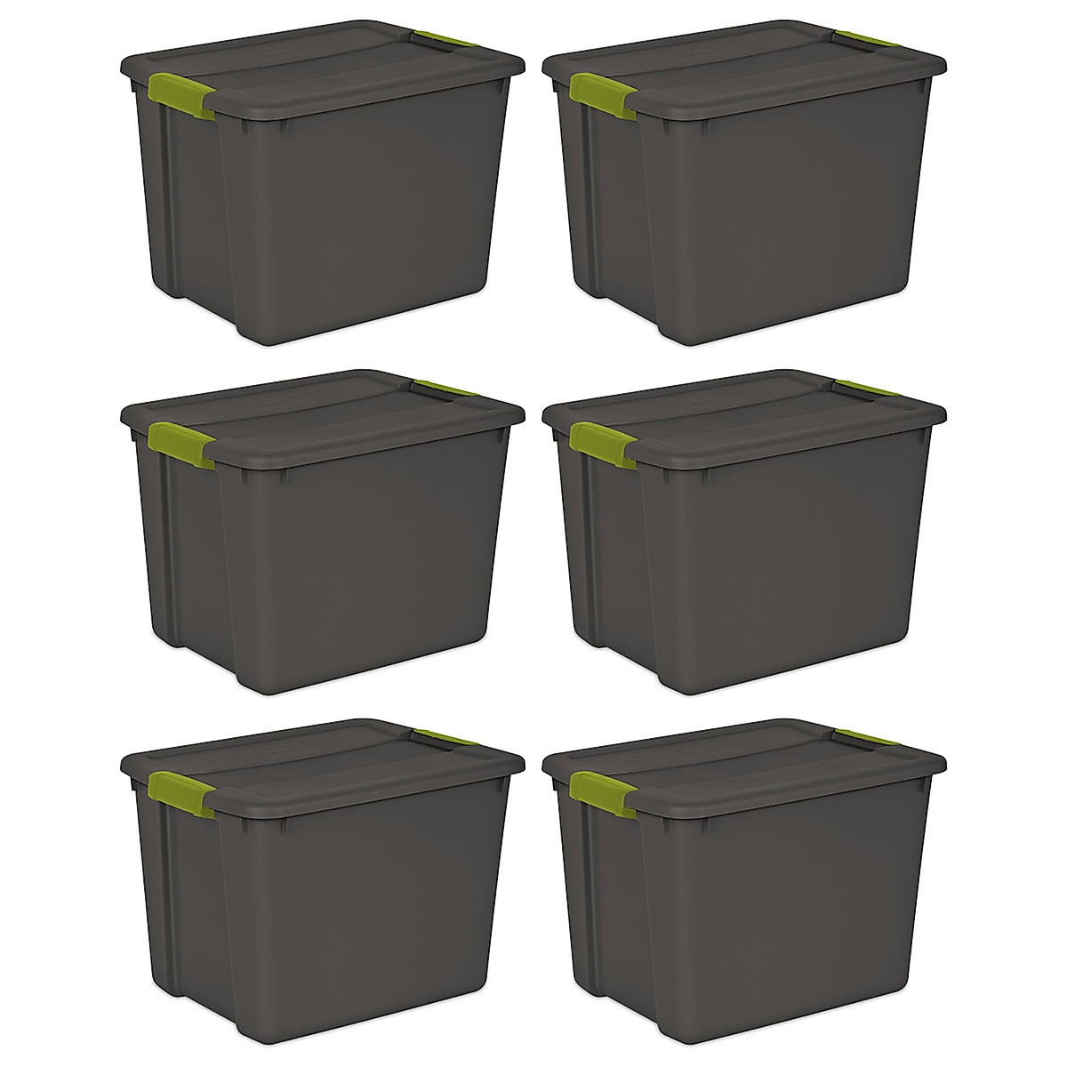 Sterilite 12 Gallon Rectangular Plastic Latching Tote Storage Container with Indexed Lid and Green Molded Handles for Home Organization, Gray, 6-Pack