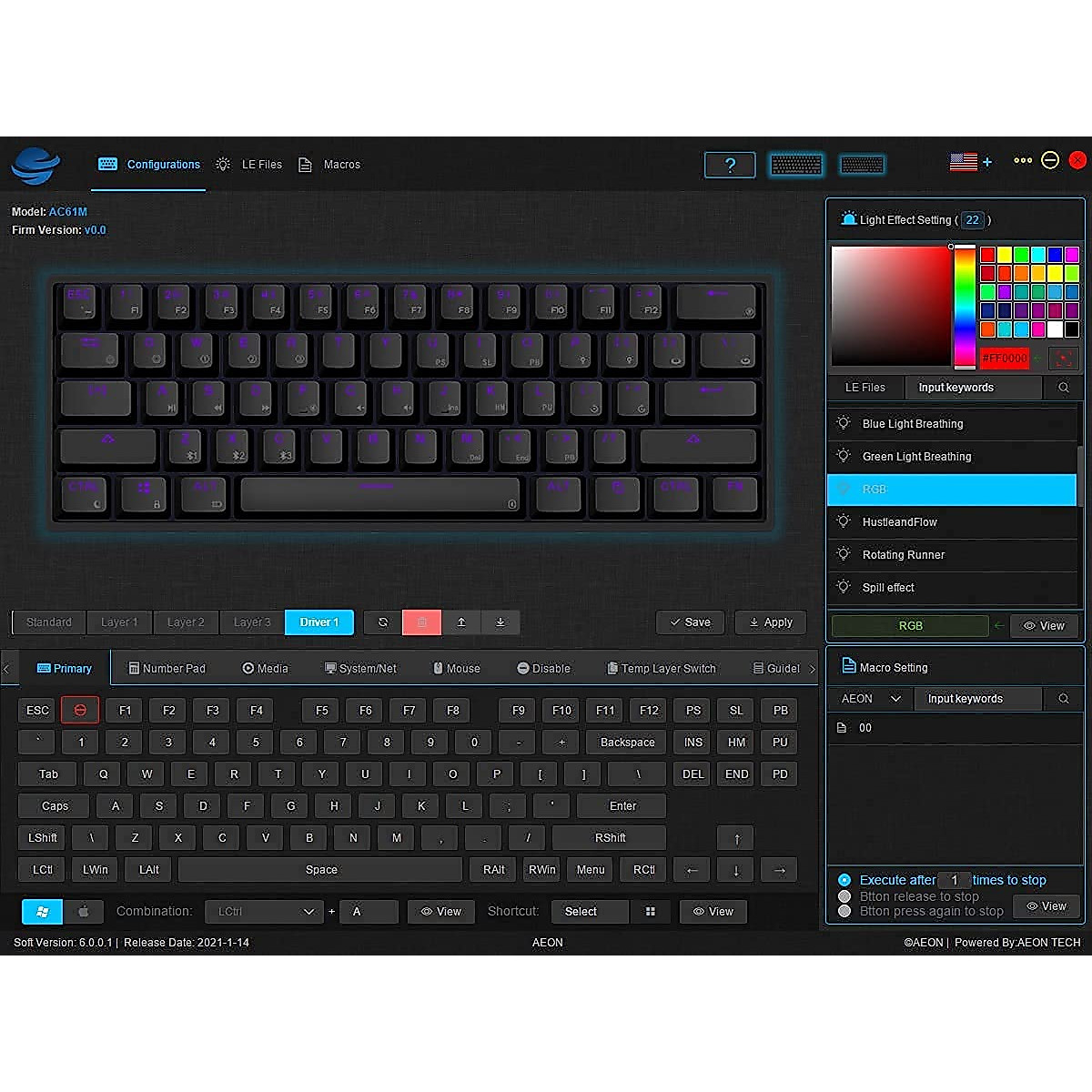 AG AC61M GK61 RGB Gaming Keyboard - 61 Keys Aluminum Case Two USB-C Ports PBT Keycap Hot Swappable Programmable for PC/Mac Gamer (Gateron Optical Blue, Black Color)