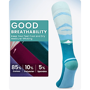 OutdoorMaster Ski Socks, 2-Pair Pack Skiing and Snowboarding Thermal Socks for Women with Over the Calf Design w/Non-Slip Cuff, Mountain Patterns - Ocean Blue,M/L