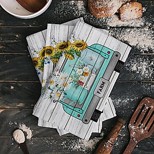 Zadaling Blue Truck Sunflower Daisy Vintage Wood Grain Kitchen Towels, 18x28 Inches Soft Dish Cloth,Cotton Tea Towels/Bar Towels/Hand Towels for Bathroom(2 Pack)