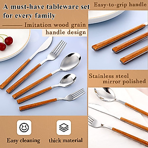 Wood Handle Silverware Set, Stainless Steel Cutlery Set with Imitation Wood Grain Handle Silver Mirror Polished Dishwasher Safe for Household Kitchen Utensils Restaurant Hotel Party (40)