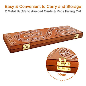 Cribbage Board Game Set 3 Tracks, Plusvivo Solid Oak Wood Cribbage Boards Unique with 9 Metal Pegs & 2 Storage Area, 15.5 X 4.9 X 1.2 in Travel Portable Cribbage Game Sets for Family