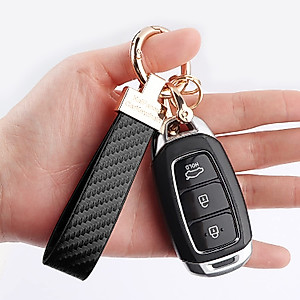 Turcee Carbon Fiber Car Keychain,Automotive Interior Accessories Keychains Leather Car Key Fob &Anti-Lost D-Ring (Black)