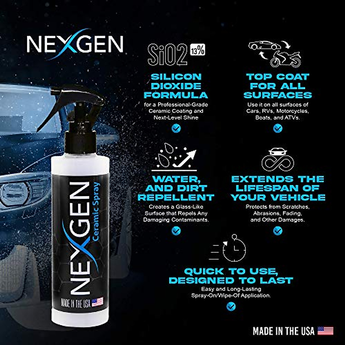 Nexgen Ceramic Spray Silicon Dioxide — Easy to Apply, Ceramic Coating Spray for Cars — Professional-Grade Protective Sealant Polish for Cars, RVs, Motorcycles, Boats, and ATVs — 16oz Bottle