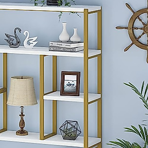 LVB Gold Book Shelf Organizer, Large Tall 6 Tier Bookshelves Storage, Big Modern Metal Wooden 6 Shelf Bookcase, Farmhouse Open Display Vertical Bookshelf for Bedroom Living Room Office, White and Gold
