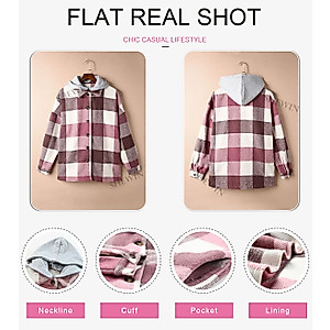 SHEWIN Womens Casual Plaid Hooded Flannel Shirts Casual Fall Long Sleeve Button Up Shacket Jacket Coat Tops with Pockets,US 12-14(L),Rose