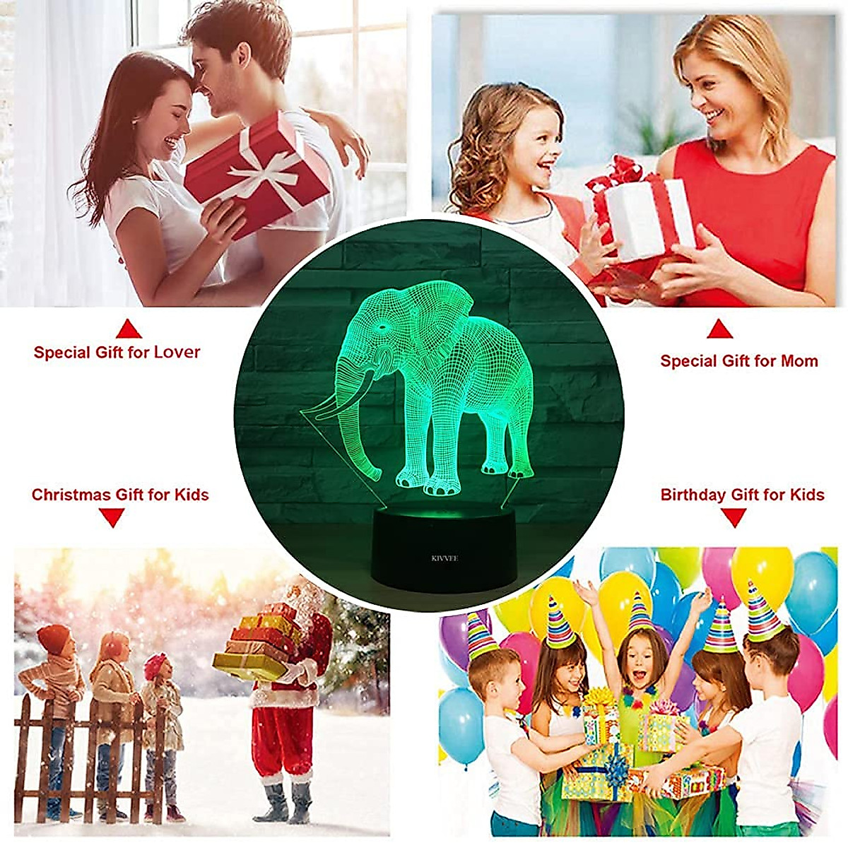 KIVVEE Elephant 3D Lamp Illusion 2D Night Light Xmas Chirstmas Festival Birthday Valentines Day Lovers Gift Nursery Bedroom Desk Table Decor for Baby Boys Kids Children