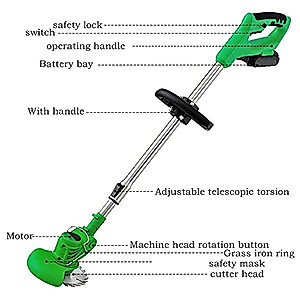 Guoguoba 24V Cordless Grass Cutter with Spare Metal Blades Electric Lawn Trimmer Weed Eater Cordless String Trimmers Telescopic Handle Garden Weed Trimmer Tool for String Mower Garden Edger-Green
