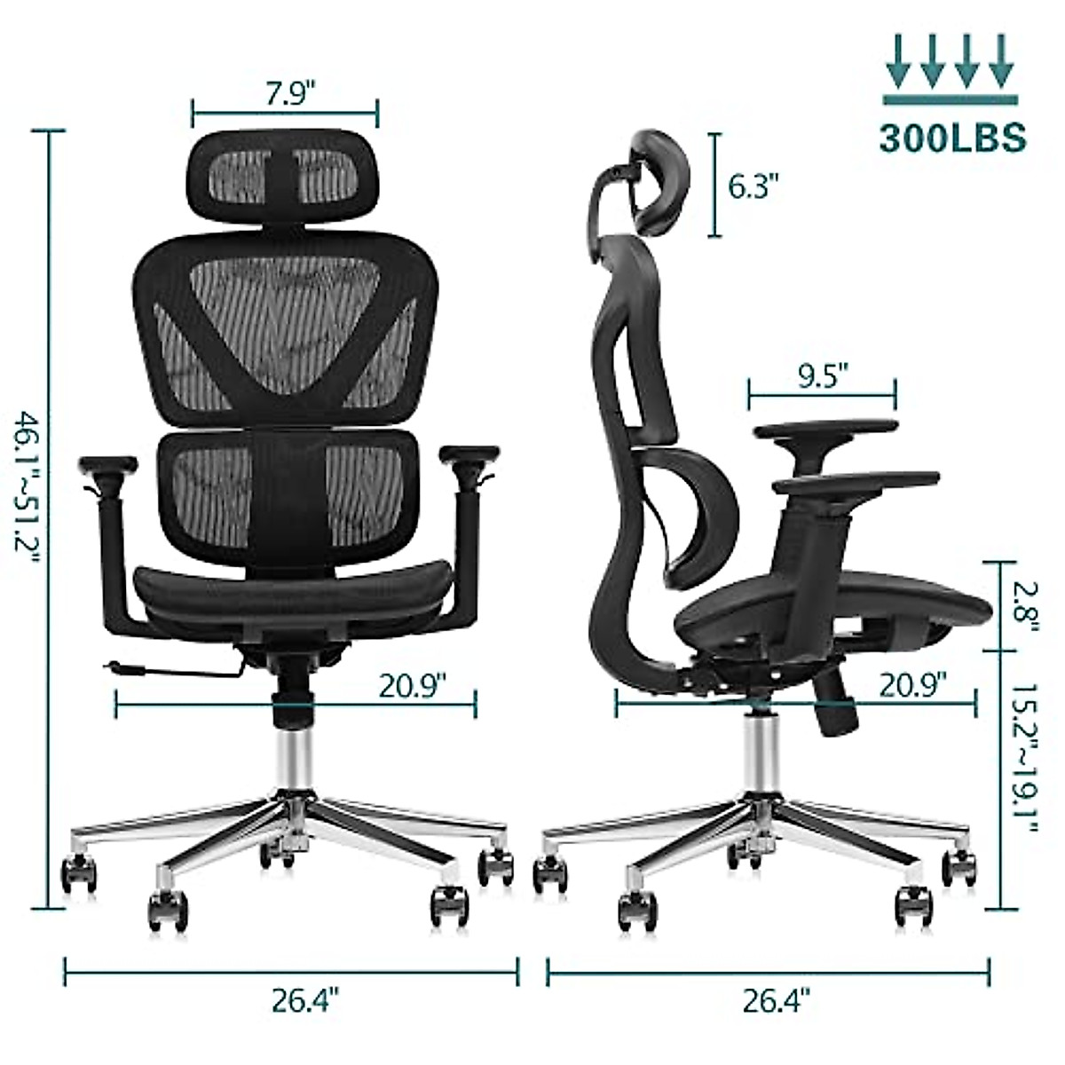 FelixKing Ergonomic Office Chair, Home Office Rolling Swivel Chair Mesh High Back Computer Chair with 3D Adjustable Armrest & Lumbar Support, Ventilated Mesh Desk Chair with Headrest (Black)