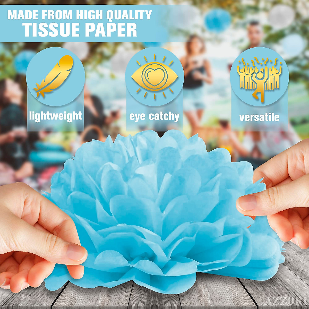 15Pcs Blue Pom Pom Decorations - Blue and White Pom Poms Flowers Decoration Blue Tissue Paper Lanterns Party Decorations - Light Blue Tissue Paper Flowers Decorations Birthday Decorations for Women