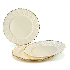 " OCCASIONS " 50 Plates Pack (25 Guests)-Vintage Wedding Party Disposable Plastic Plate Set -25 x 10.25'' Dinner + 25 x 7.5'' Salad/dessert plates (Blossom Ivory & Gold)
