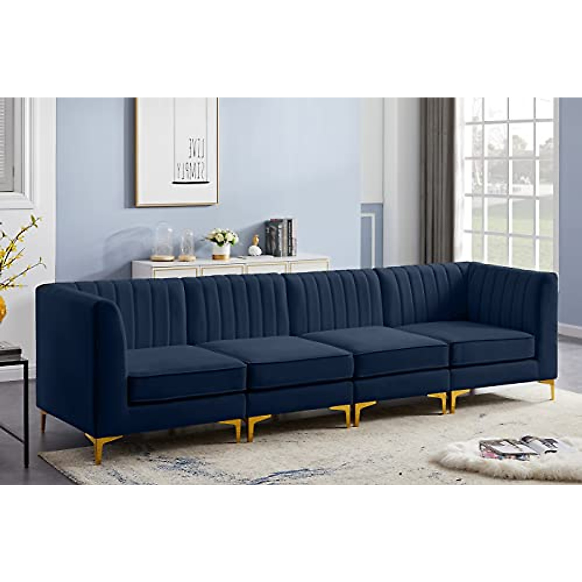 Meridian Furniture Alina Collection Velvet Upholstered Modular Sofa with Deep Channel Tufting, 119" Wide, Navy