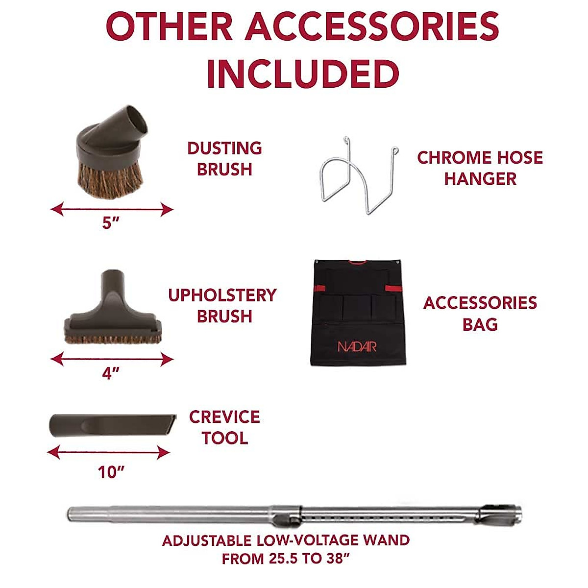 Nadair Central Vacuum kit, 40ft high-Voltage Hose with on/Off Switch at The Handle 5 Adjustable Heights powerhead, 12'' swiveling Floor Brush and Accessories Included, 40 FT, Grey