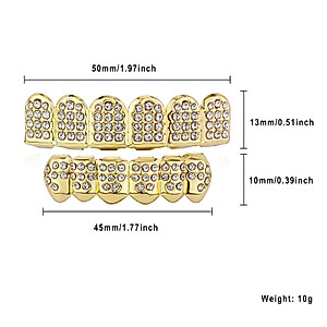 JINAO Gold Grill 14K Gold Plated Iced Out Teeth Grillz Top Bottom Tooth Caps Hip Hop Bling New Gold Shiny Fake Grills for Men Women (Gold)