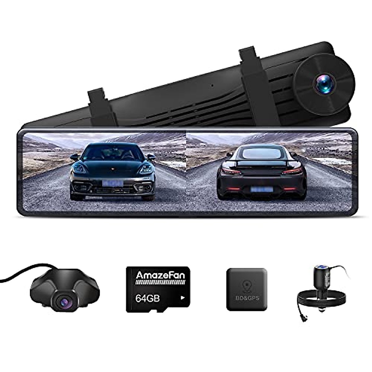 AmazeFan NT880 Mirror Dash cam Front 2K，12'' Touch Screen Dual Dash Camera, Driving Recorder WiFi,170° Wide Angle Night Vision Loop Recording, GPS Tracker, Free 64GB Card, Car Charger